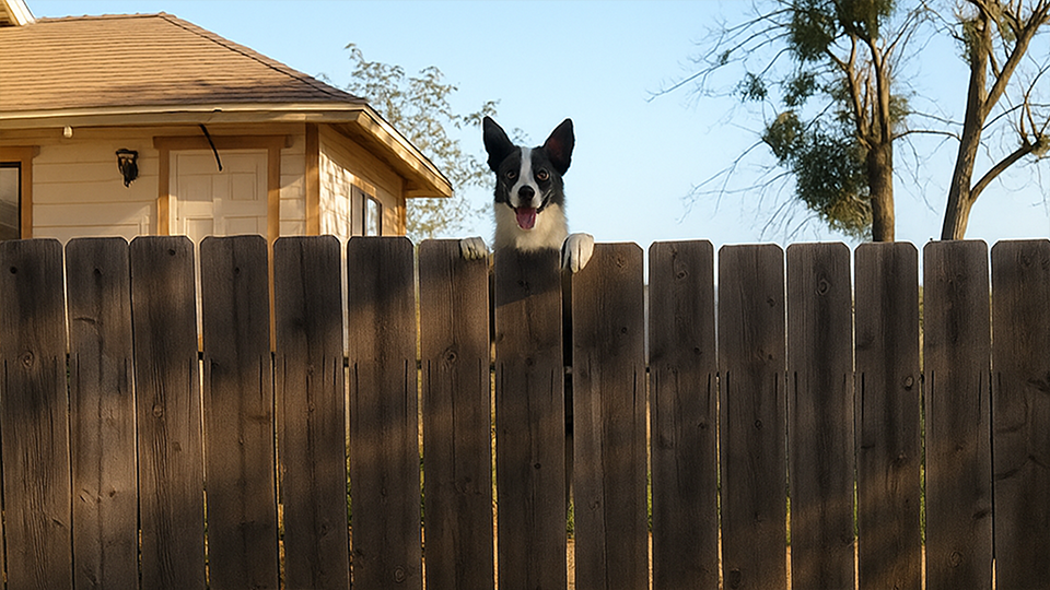 Dog peeking over a wooden fence in a backyard