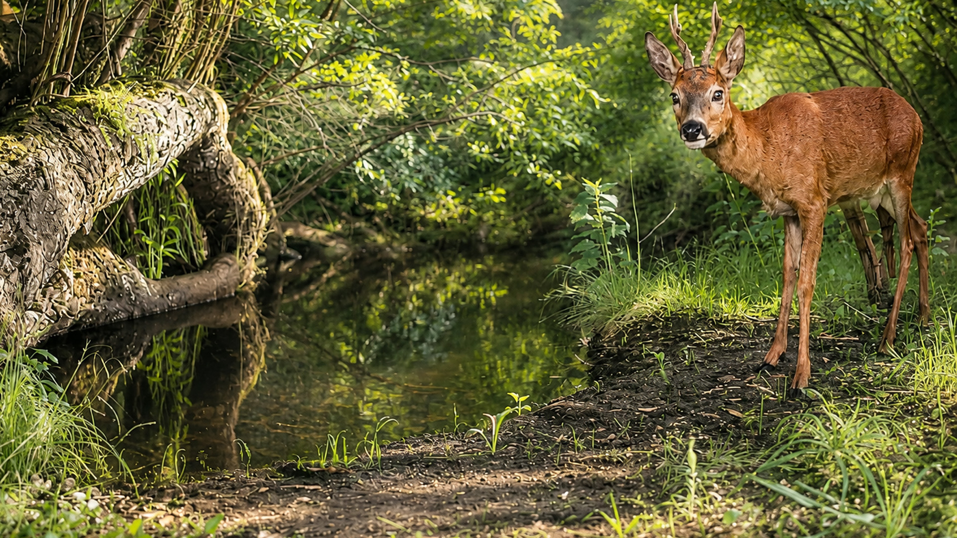 A trail camera captured a young buck visiting a quiet forest stream