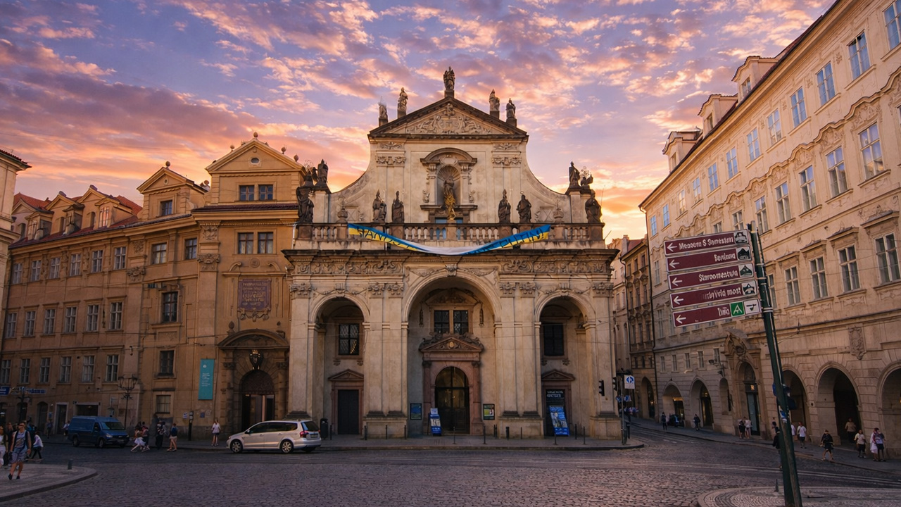 Prague old town streets with sunset and stone architecture
