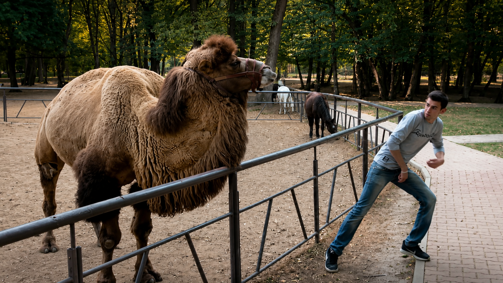He got too close to this camel - so it spat on him