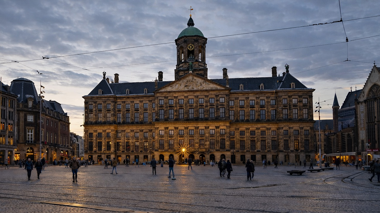 Amsterdam after heavy snowfall around Dam Square