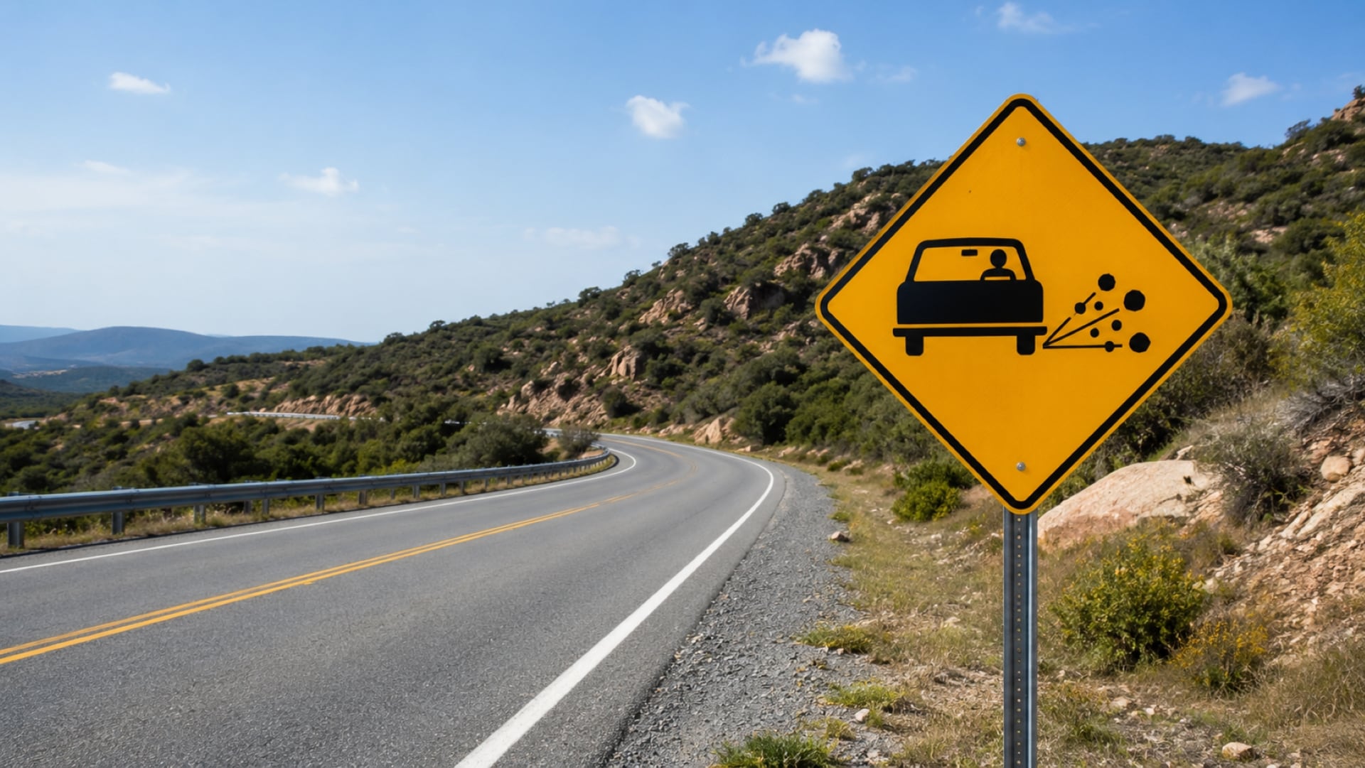 Qué significa la señal de tránsito con un auto lanzando piedras