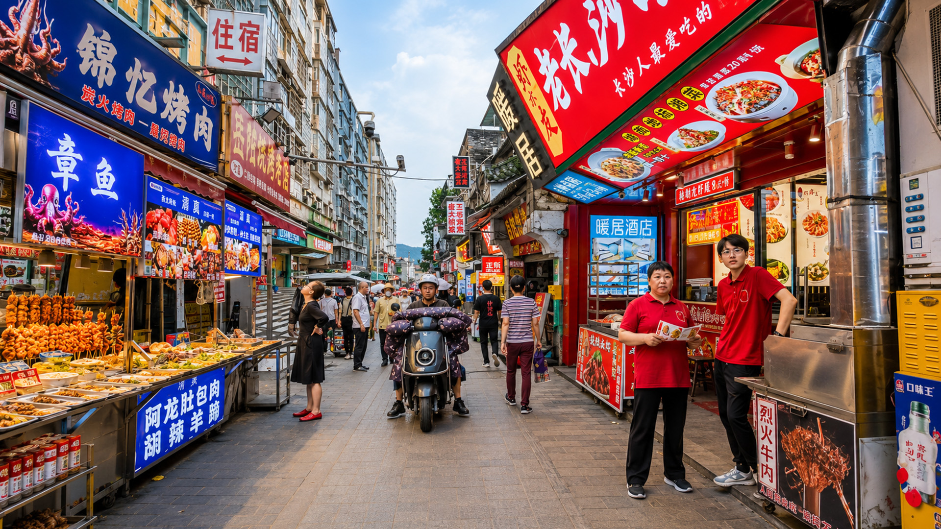 A wild Chinese food lane bursts with signs and smoke
