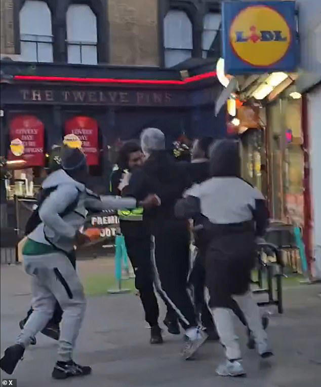 Moment gang of thugs brawl with security guard inside North London Lidl ...