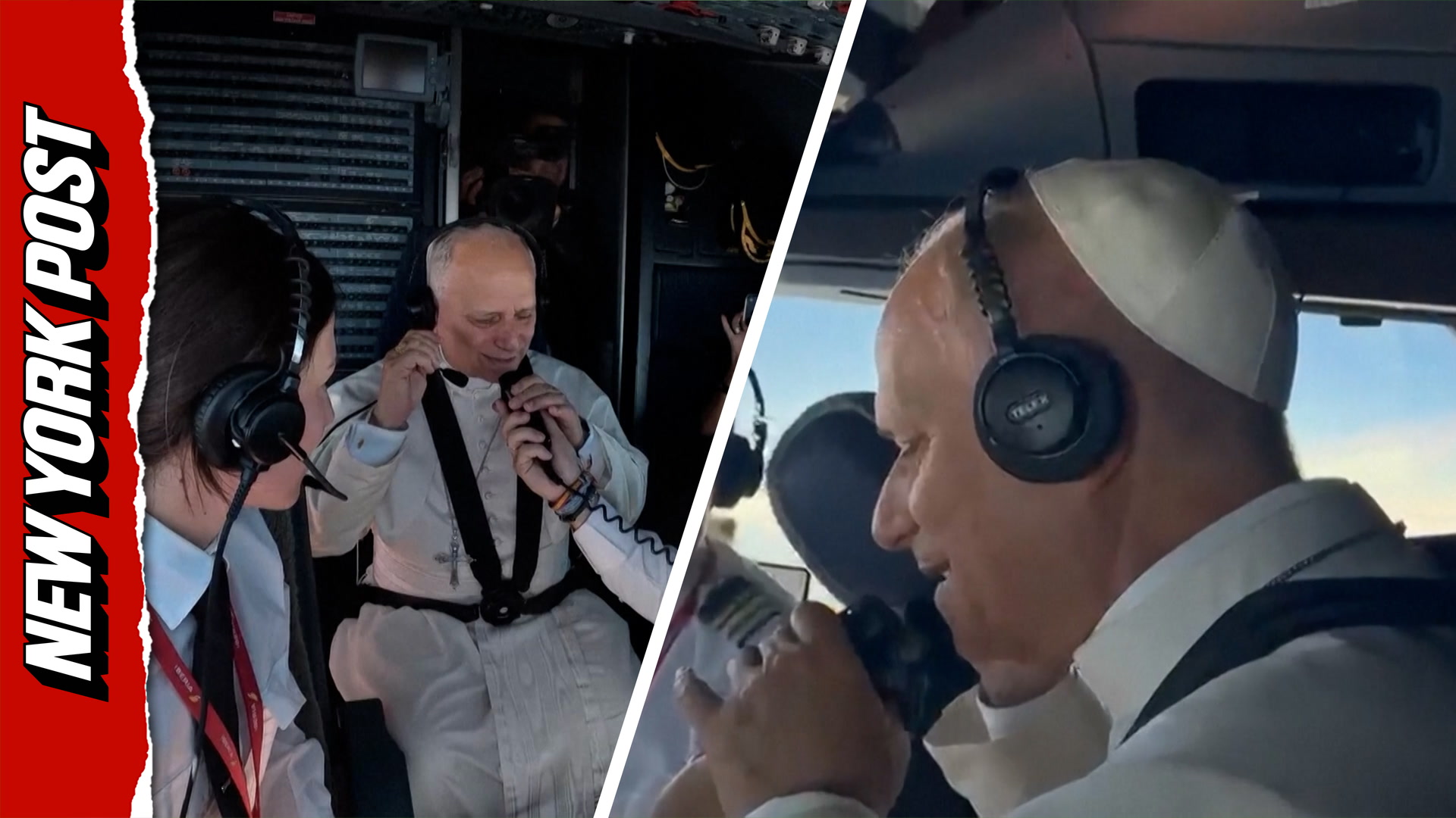 Pope Leo waves to fighter jet escorts from cockpit of Barcelona flight