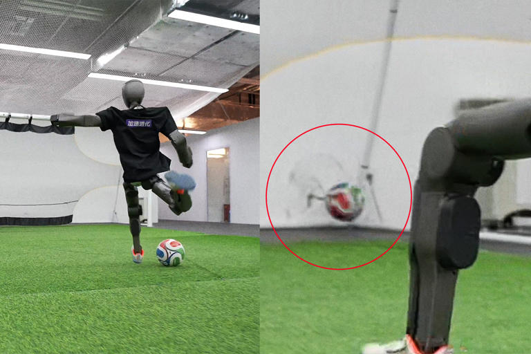 Humanoid robot kicks soccer ball so hard it smashes hole in wall