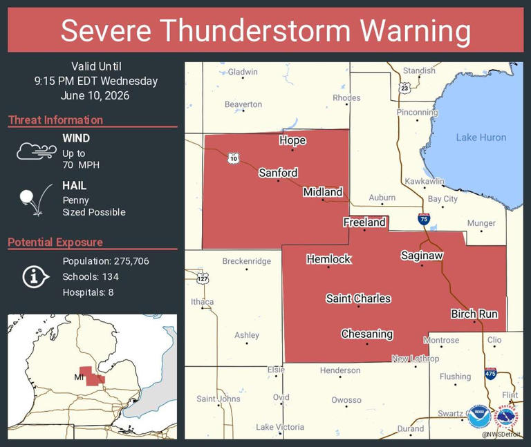 Considerable severe thunderstorm warning issued for Midland and Saginaw
