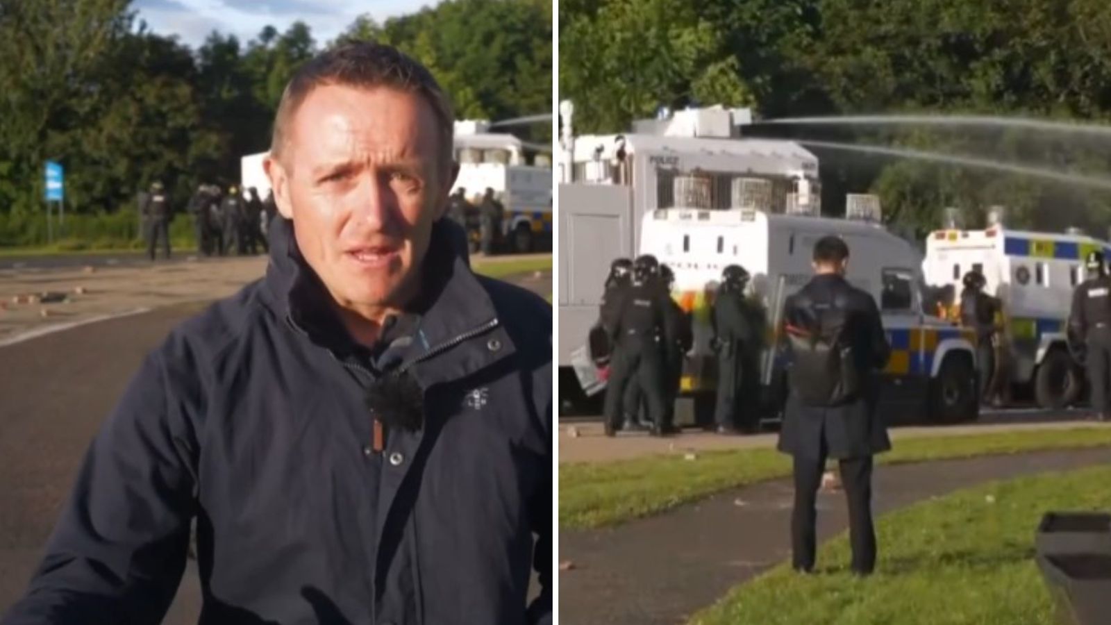 Moment police use water cannon