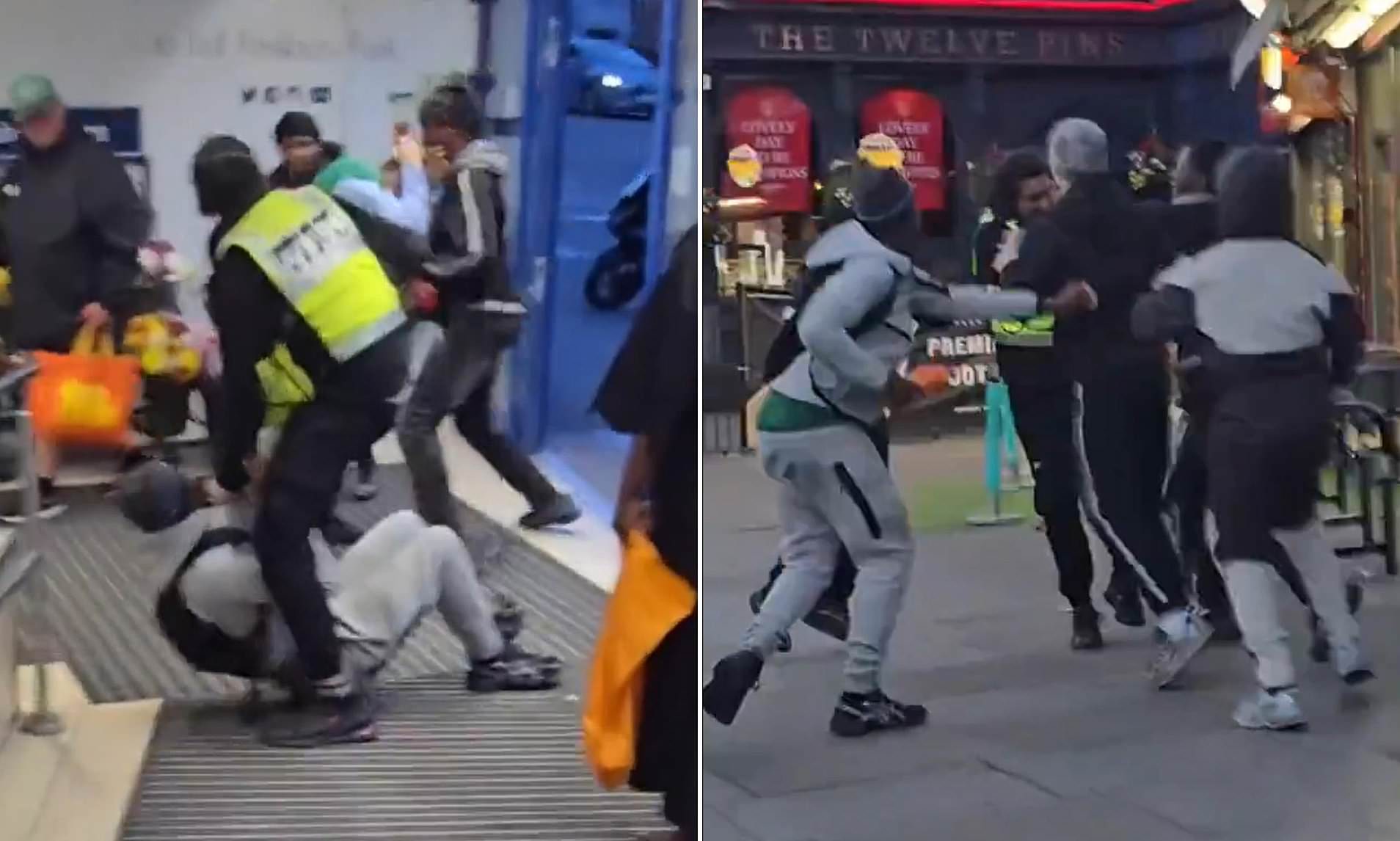 Moment gang of thugs brawl with security guard inside north London Lidl ...