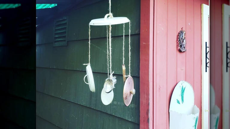 Turn old pot lids into the cutest rustic porch wind chime