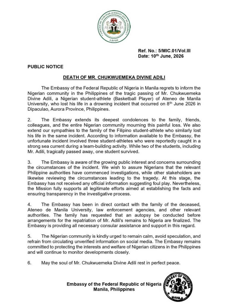 Nigerian embassy in Manila breaks silence on Ateneo basketball tragedy