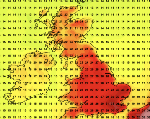 UK weather maps turn volcanic red for 34C scorcher with 8 counties ...