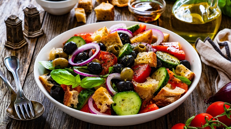 Put a Greek twist on panzanella salad with kalamata olives and feta