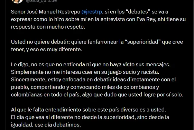 Choque entre José Manuel Restrepo y Aida Quilcué por ausencia en debate ...