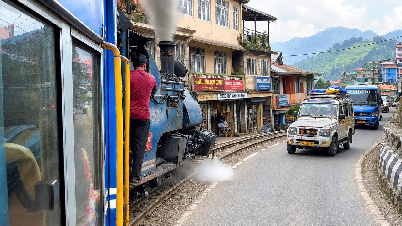 Riding super old steam train through busy streets
