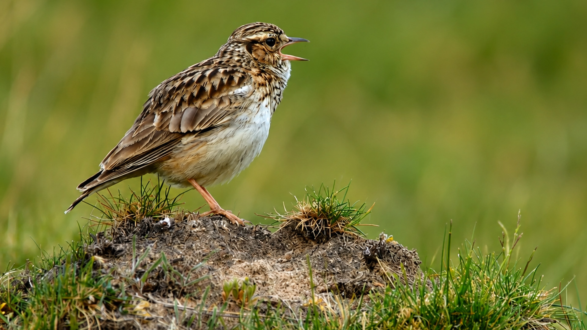 A tiny meadow bird stops to sing in front of the camera