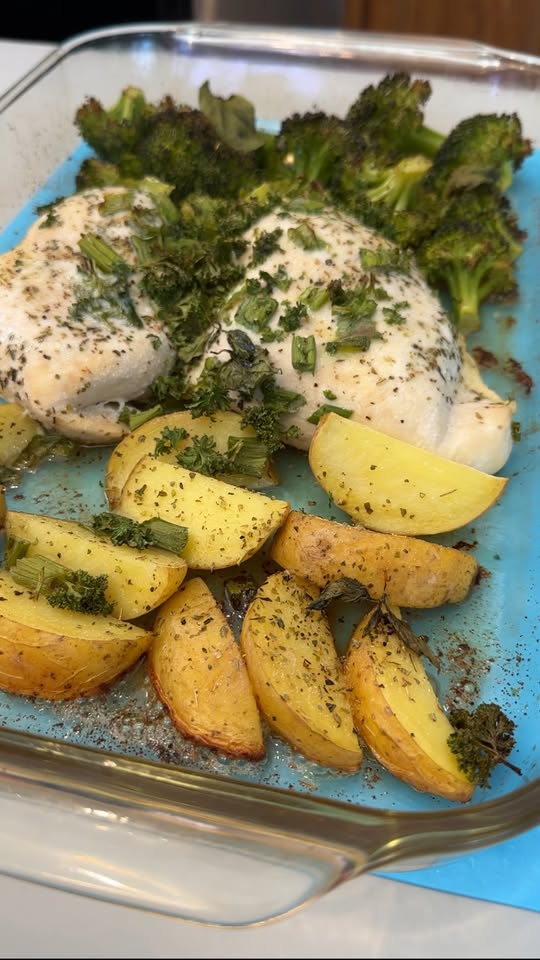 One pan chicken and potato bake with roasted broccoli