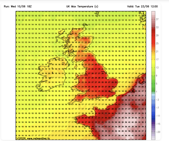 UK weather maps turn volcanic red for 34C scorcher with 8 counties ...