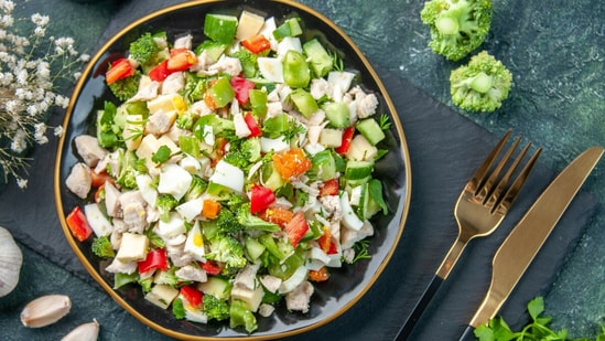 Quick sprouted moong paneer salad with a zesty lemon tahini dressing, a ...