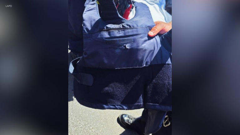 New photos show bullet holes in LAPD officer’s vest, cruiser following ...