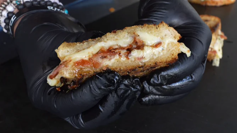 Crispy garlic butter grilled cheese with hot honey bacon flavor