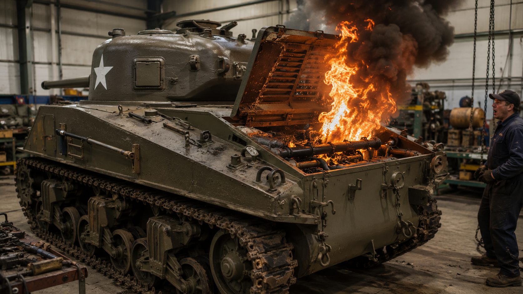 Sherman engine test ends in fire