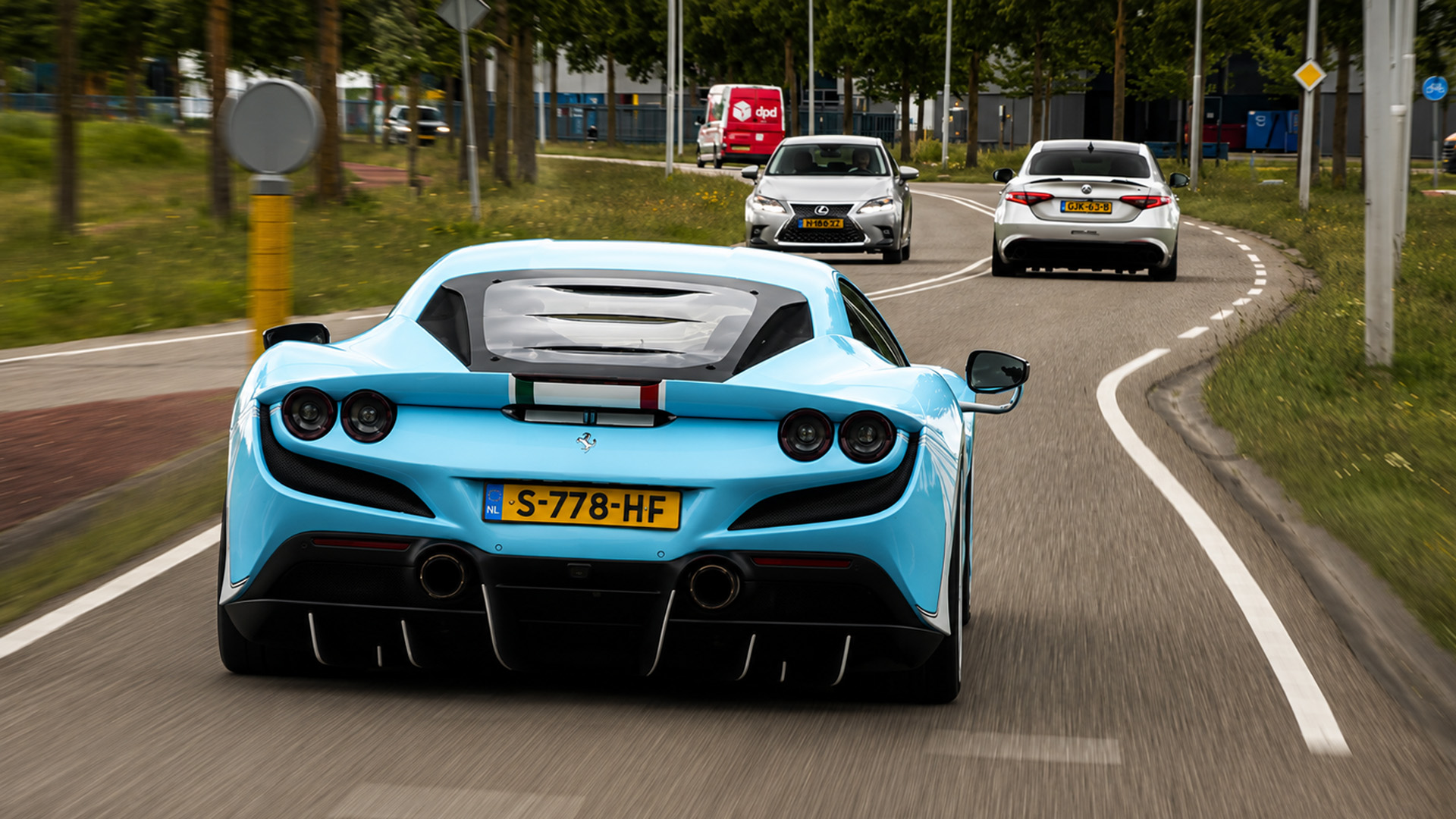 Ferrari F8 Spider brutal acceleration through busy street