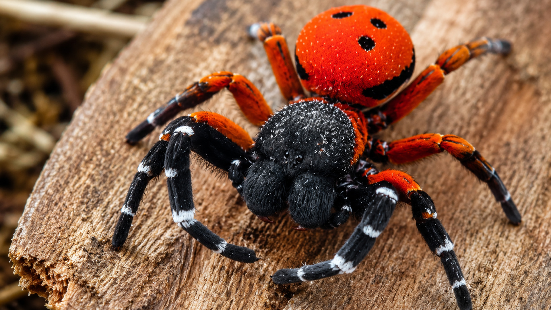 Hidden macro camera reveals a colorful forest explorer