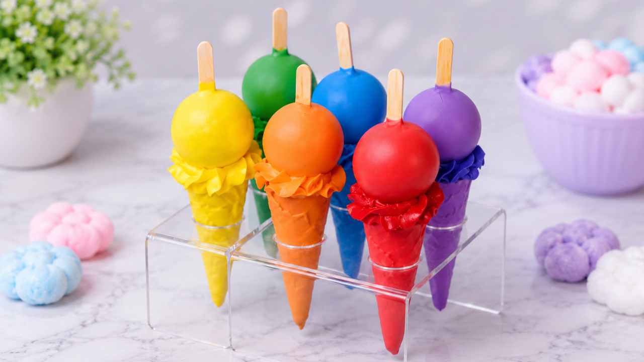 Rainbow cake pops in ice cream cones