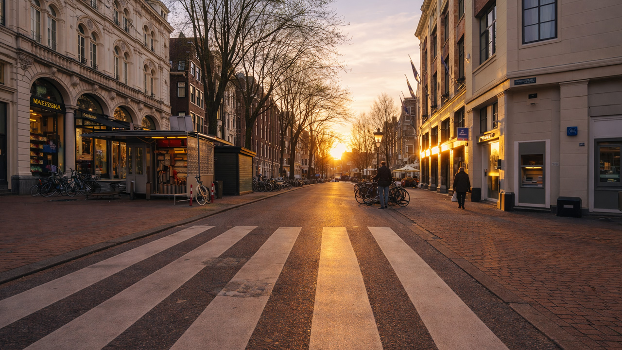 Paseo al atardecer por Ámsterdam entre calles iluminadas