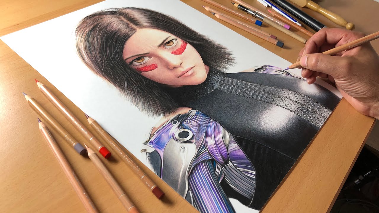 Alita Battle Angel drawing timelapse with real time details