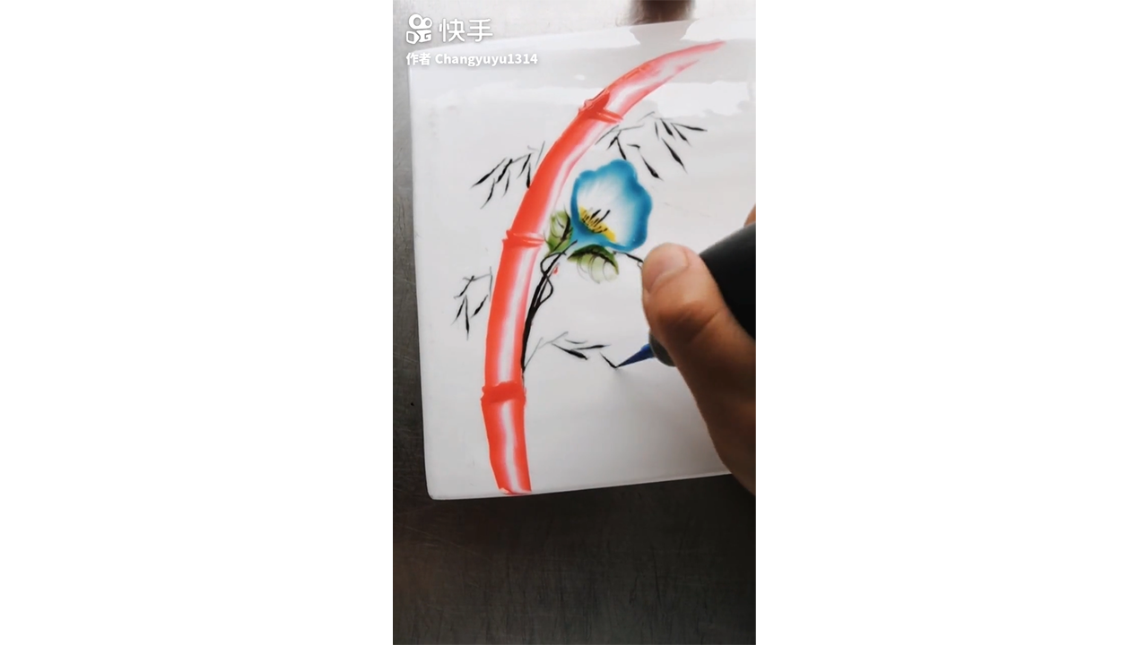 Watercolor bamboo and blossom art with soft blue petals and red bamboo ...