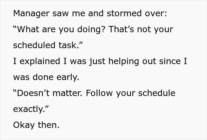 Employee helps teammate off-duty, gets reprimanded, delivers petty but ...