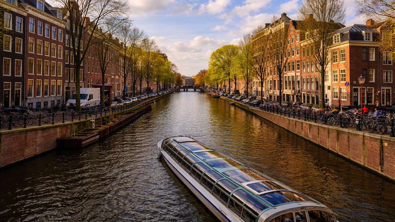 Amsterdam canal walk with boats and calm golden streets