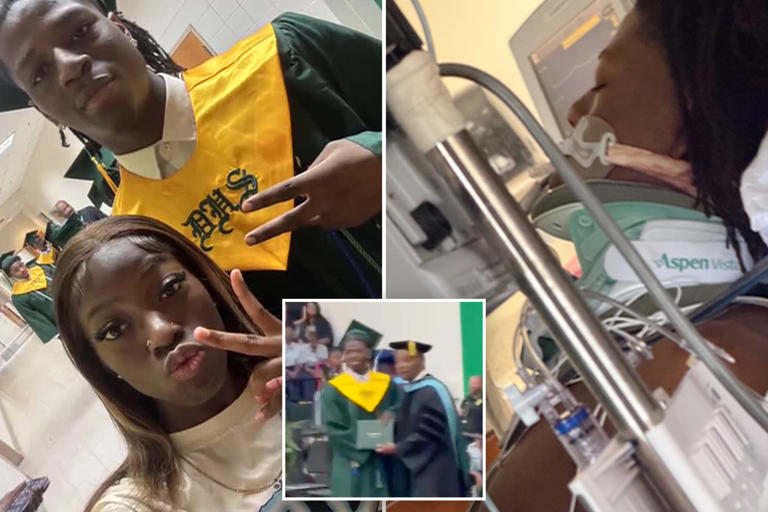 High school senior shot at family gathering collects diploma with ...