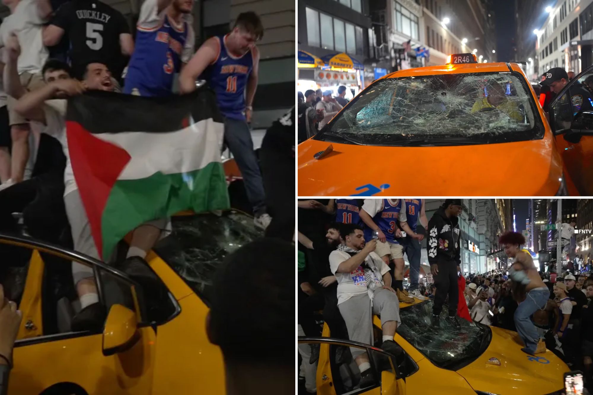 NY Knicks fans waving Palestinian flag seen smashing yellow cab after ...