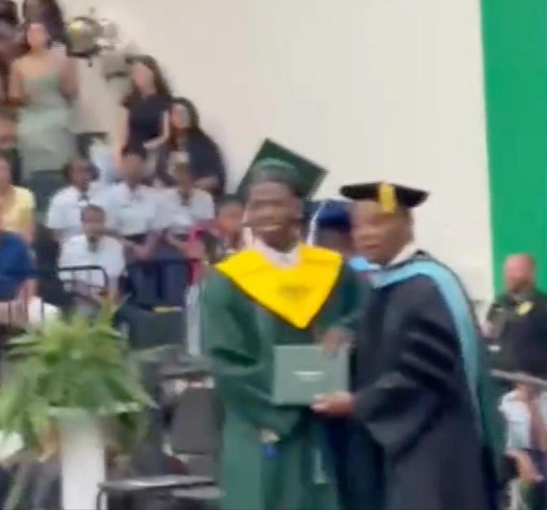 High school senior shot at family gathering collects diploma with ...