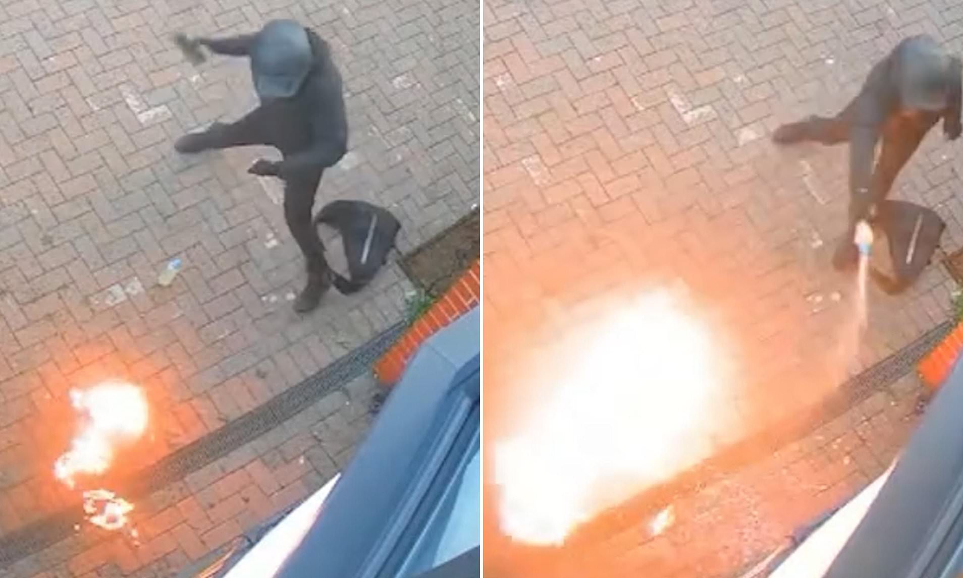 Moment imam's family home is 'firebombed' by masked thug in terrifying ...