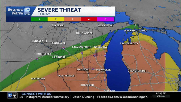 Level 3 storm risk targets southeastern Wisconsin on Wednesday