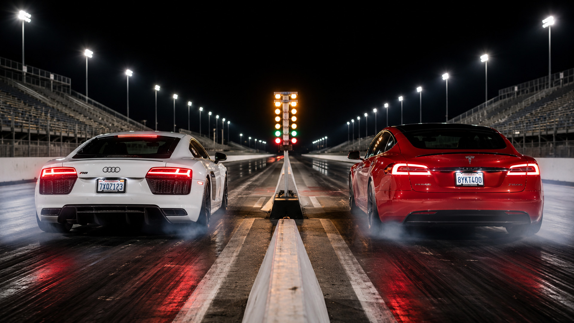 Tesla Model S Raven and Audi R8 V10 Plus drag race