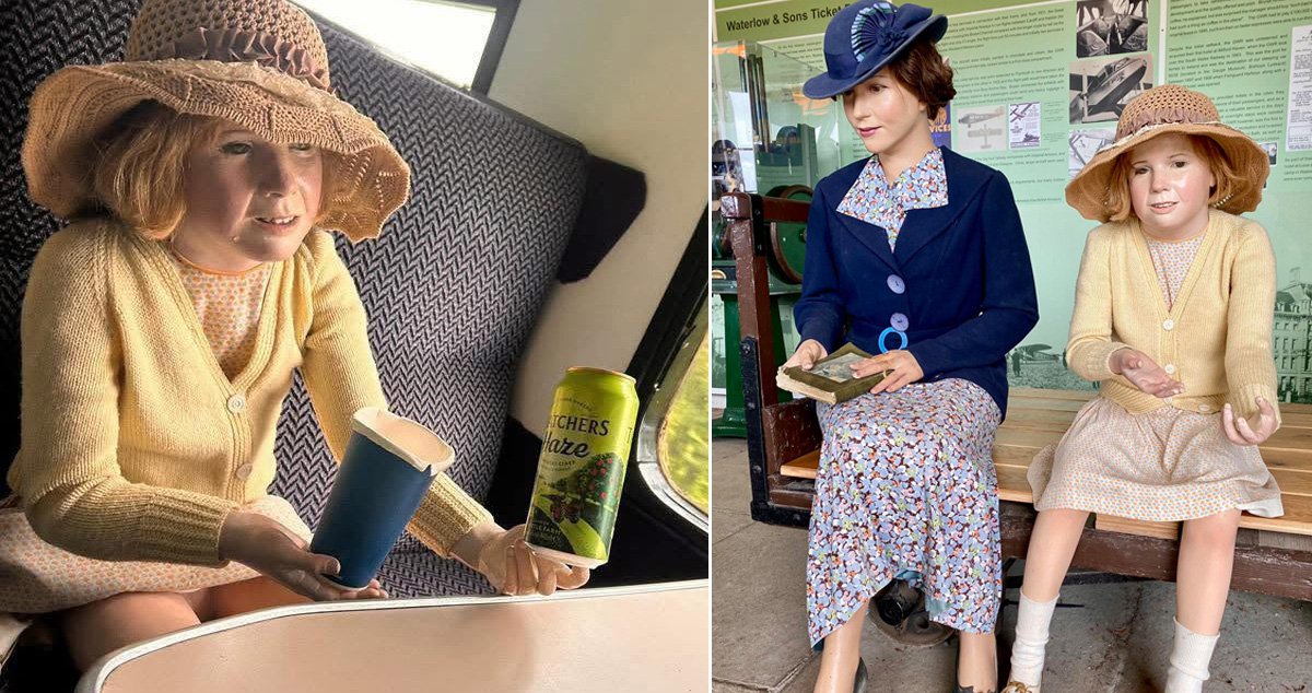 Missing child mannequin found on train holding a can of cider