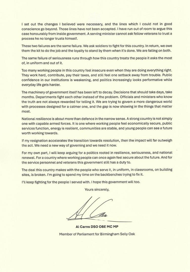 Al Carns's resignation letter – read in full as Armed Forces Minister ...