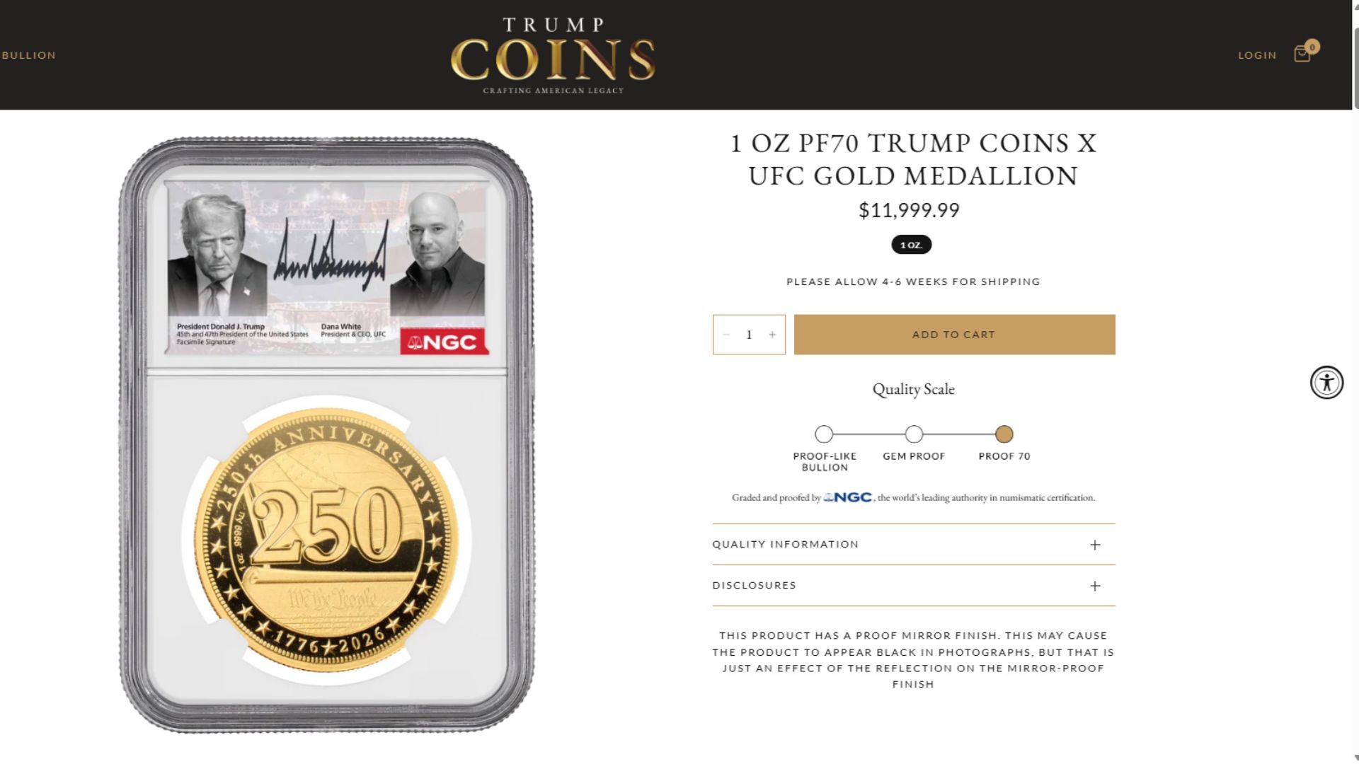 Trump sells gold and silver UFC Freedom 250 coins for as much as $12,000