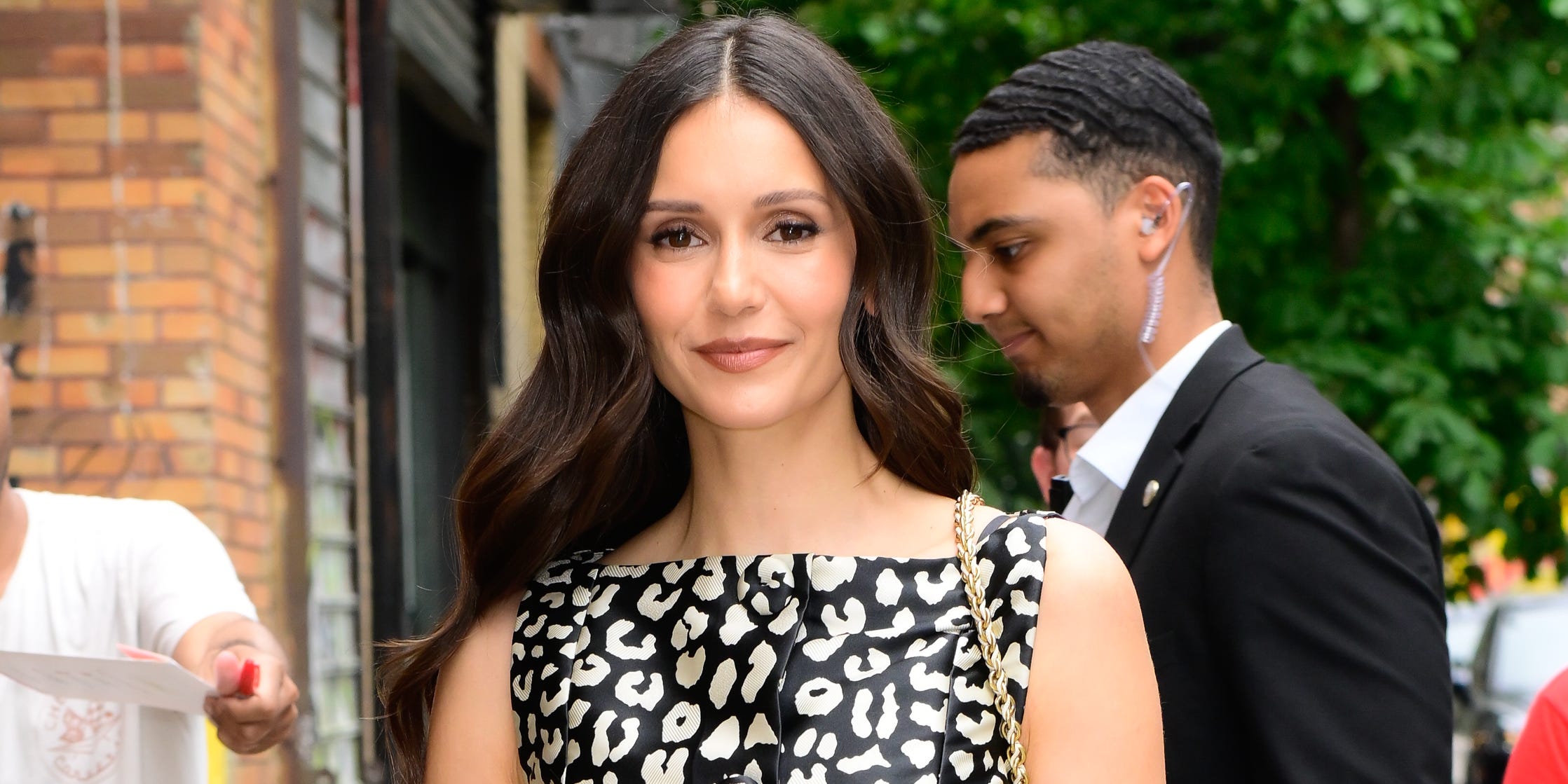Nina Dobrev goes bold in a black-and-white leopard co-ord
