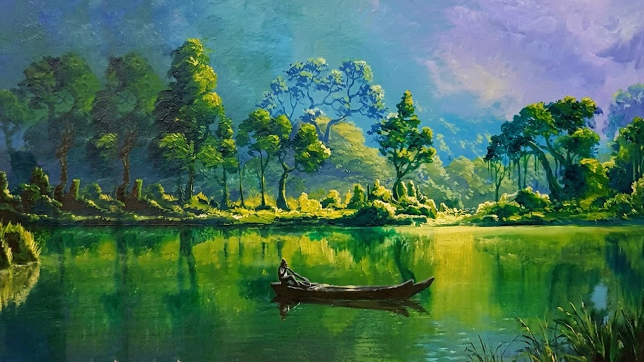Misty Situ Gunung landscape painting acrylic tutorial with calm nature ...