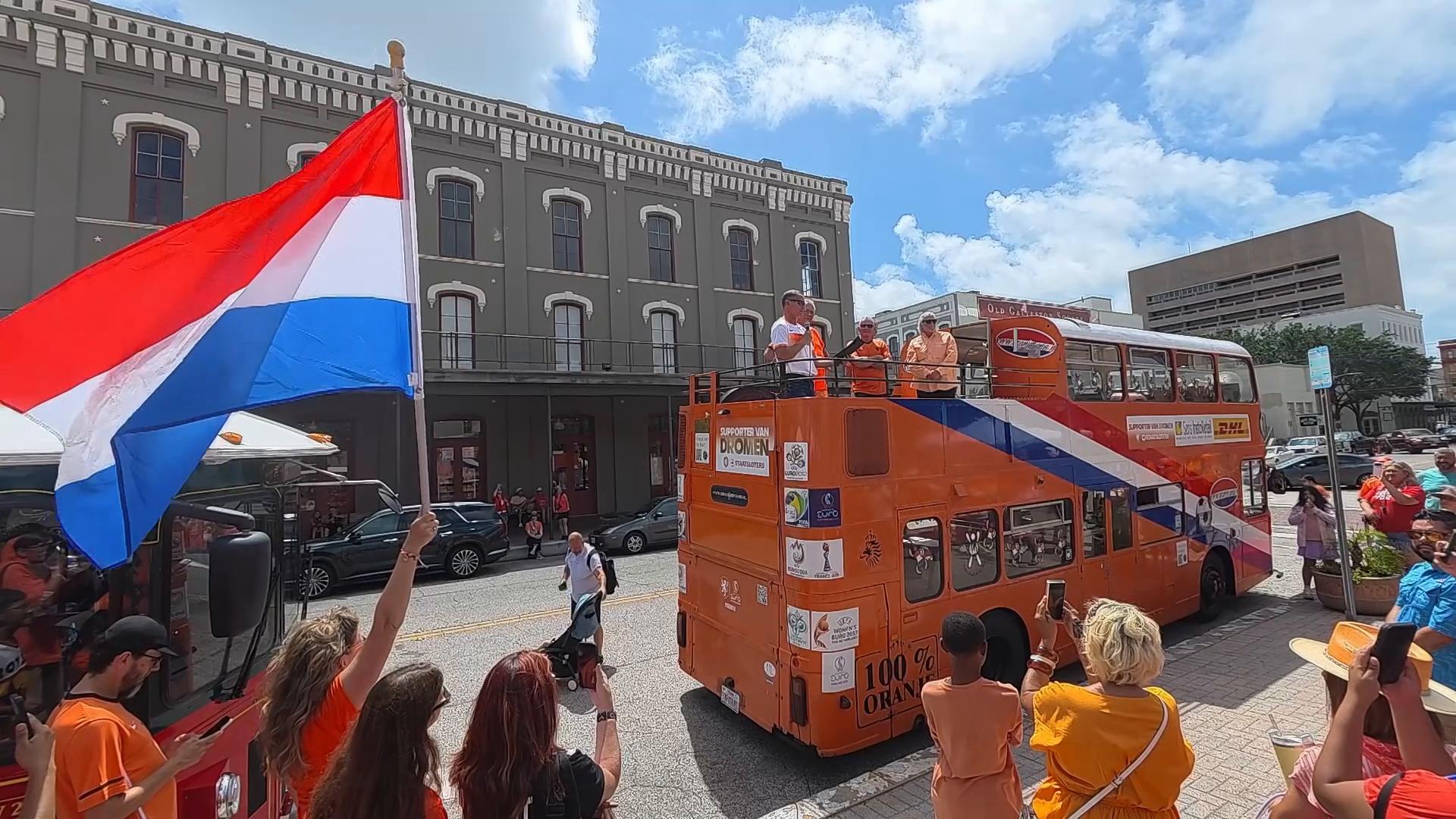 Galveston welcomes the Dutch Orange doubledecker bus as it travels to ...