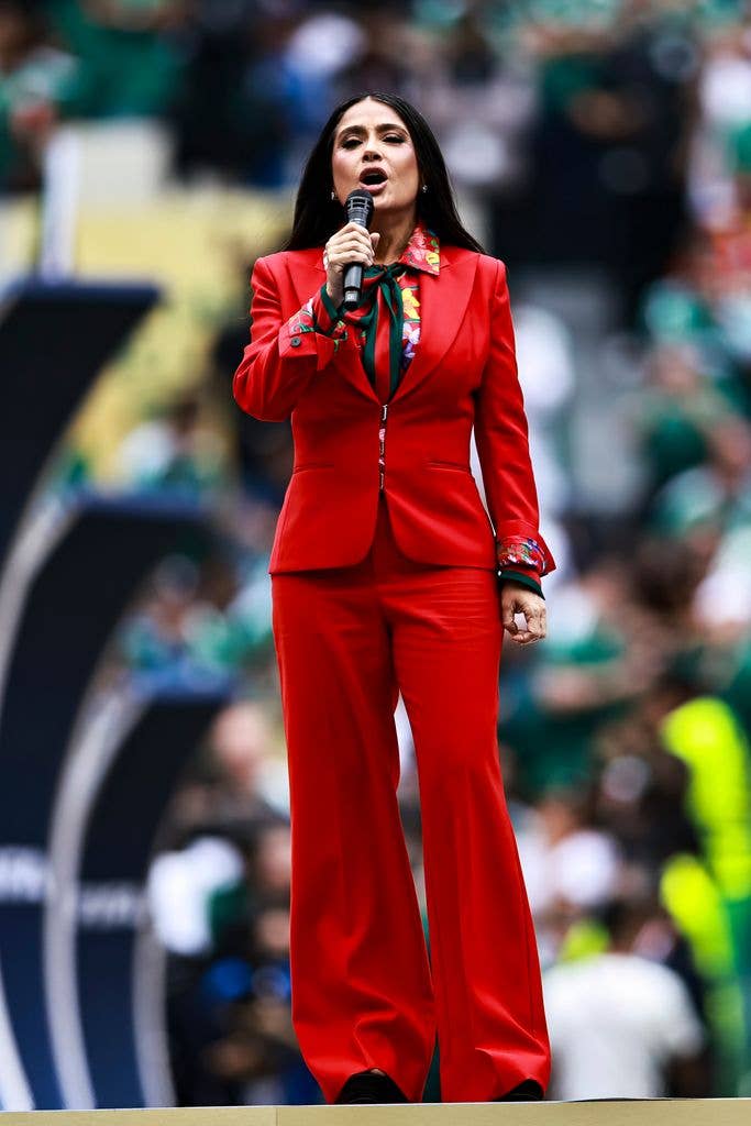 Salma Hayek turns heads in red hot power suit during World Cup opening ...
