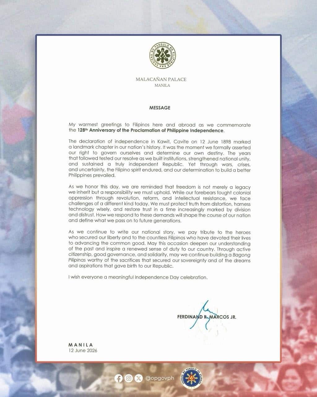 Marcos to Filipinos on Independence Day: Protect truth from distortion