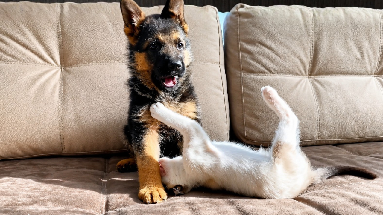 Duitse herder pup en kitten spelen samen