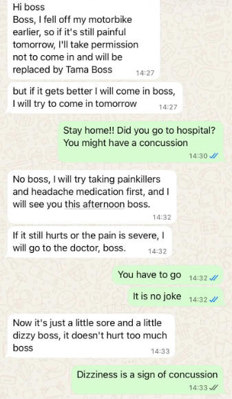 Bali employee tells boss he wants to work after bike accident, her ...